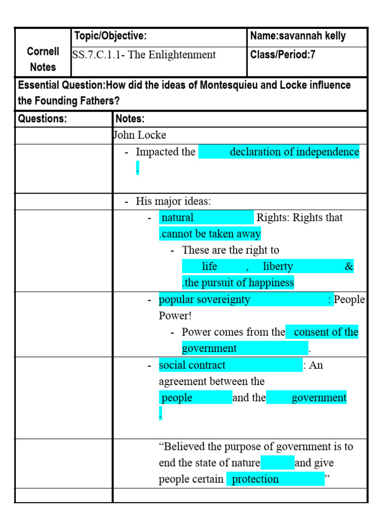 Savannah Kelly - (Template) 2024 Enlightenment Thinkers Guided Notes | PDF