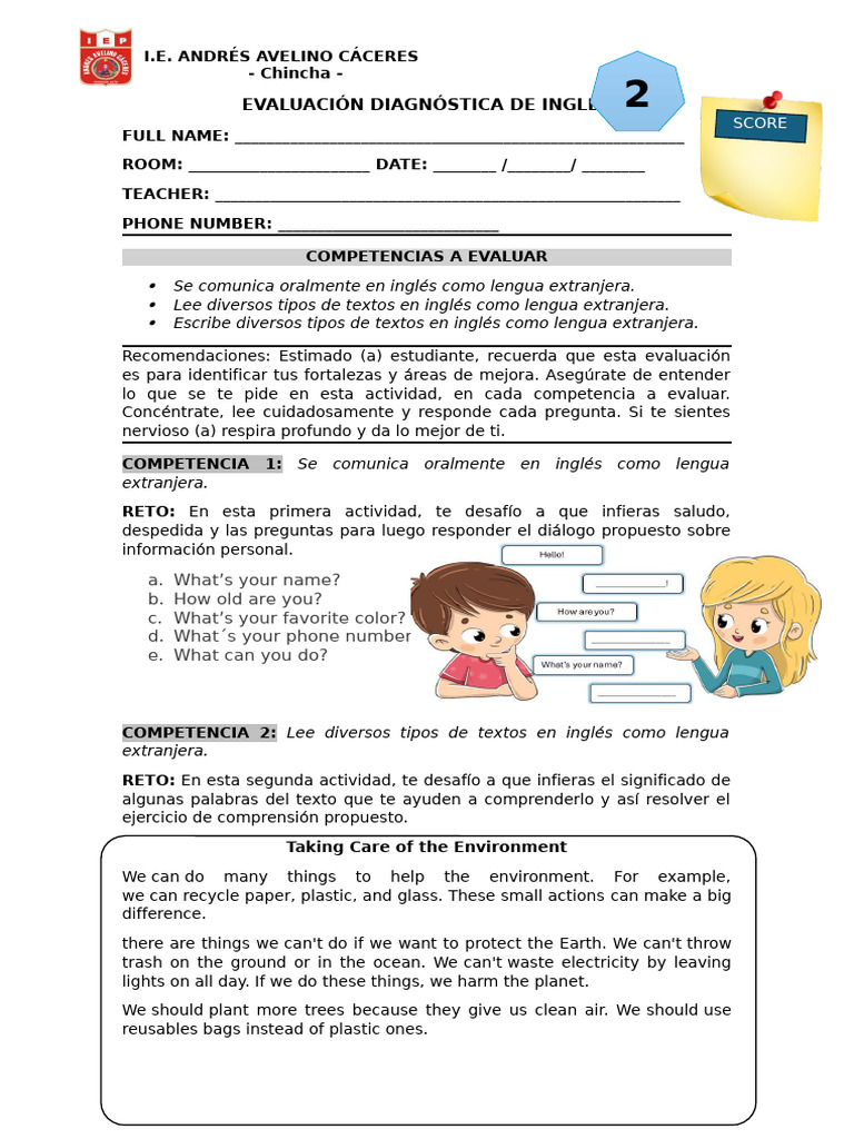 EVALUACIÓN DIAGNÓSTICA DE INGLÉS 2do | PDF