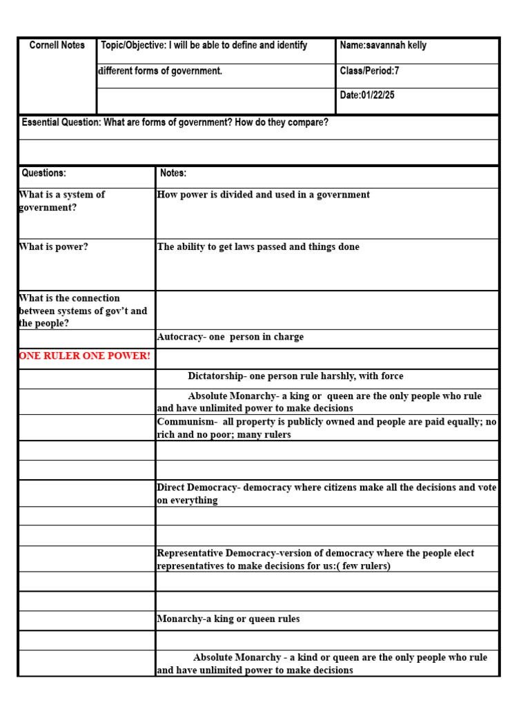 Savannah Kelly - GC Copy of Forms of Gov. Cornell Notes | PDF ...
