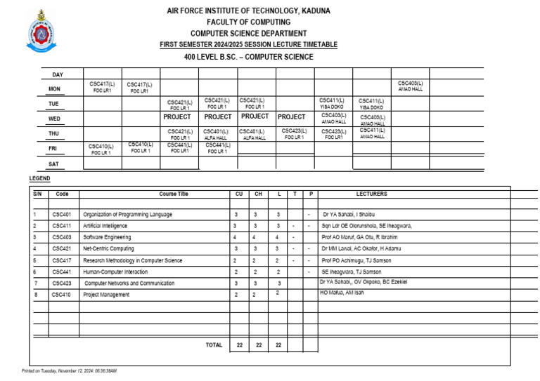 Updated Final Lecture Timetable 400L Computer Science First Semester 2024 - 25 Session | PDF ...