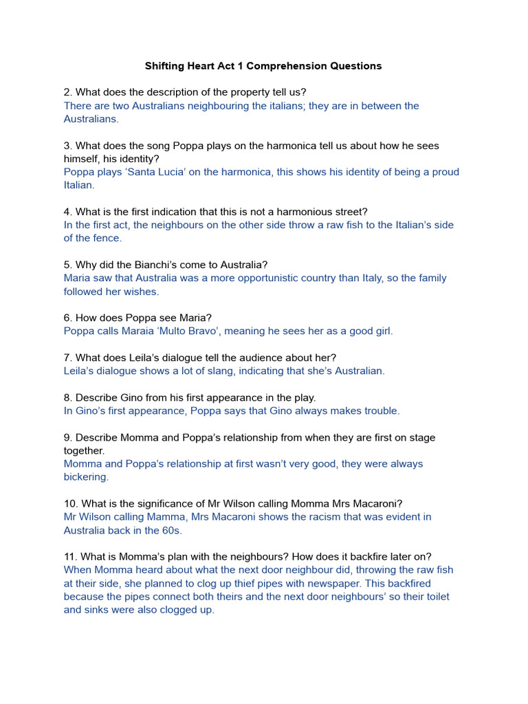 Shifting Heart Act 1 Comprehension Questions | PDF | Prejudices ...