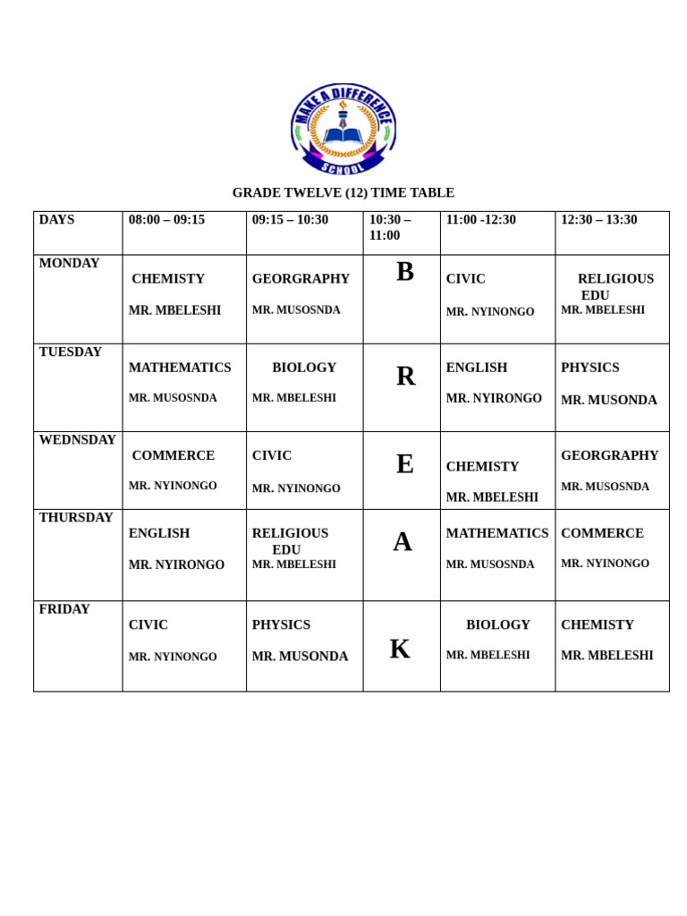 Grade 12 Weekly Timetable | PDF
