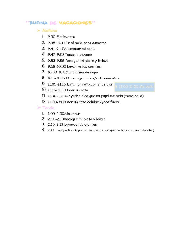 Rutina Diaria de Vacaciones para Niños | PDF