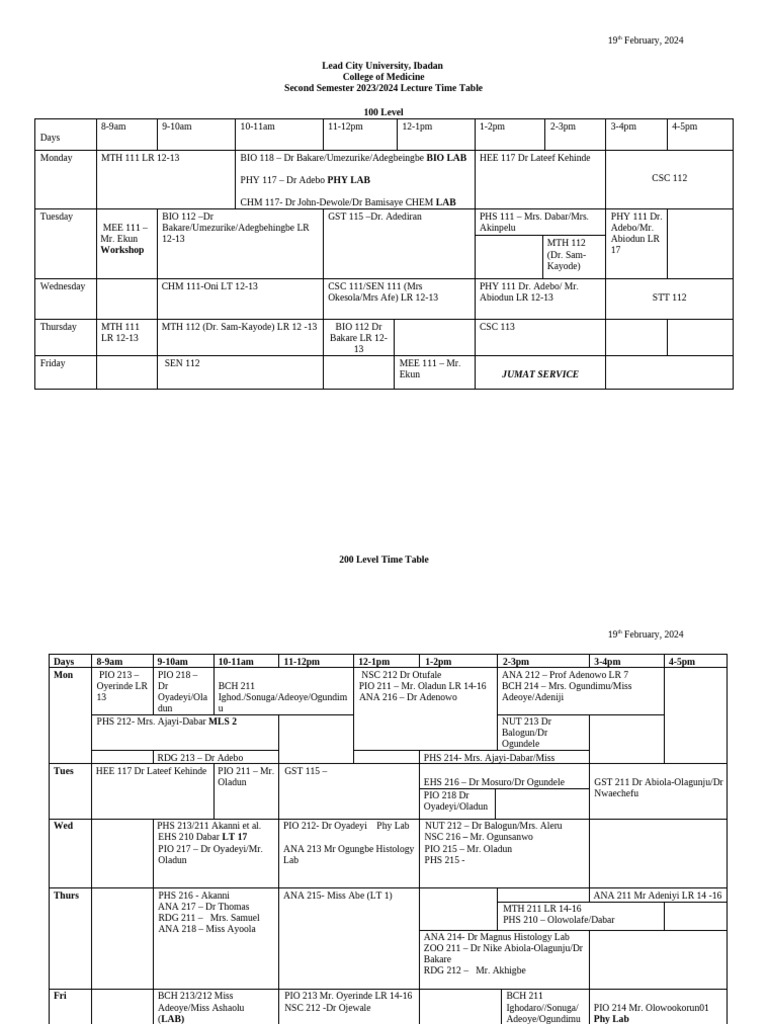 2023.2024 2nd Semester Lecture Time Table | PDF