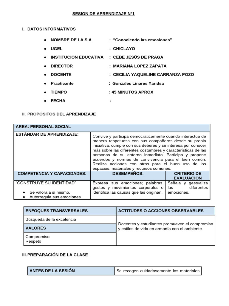 Sesion de Aprendizaje N°1 (1) Jessica | PDF | Las emociones | Aprendizaje