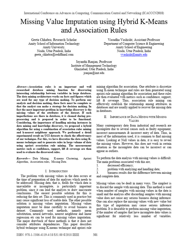 Missing Value Imputation using Hybrid K-Means and Association Rules | PDF | Dependent And ...