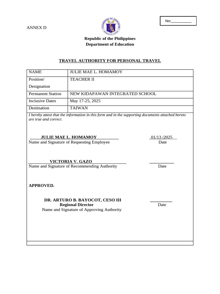 ANNEX D Travel Authority (NEW) | PDF