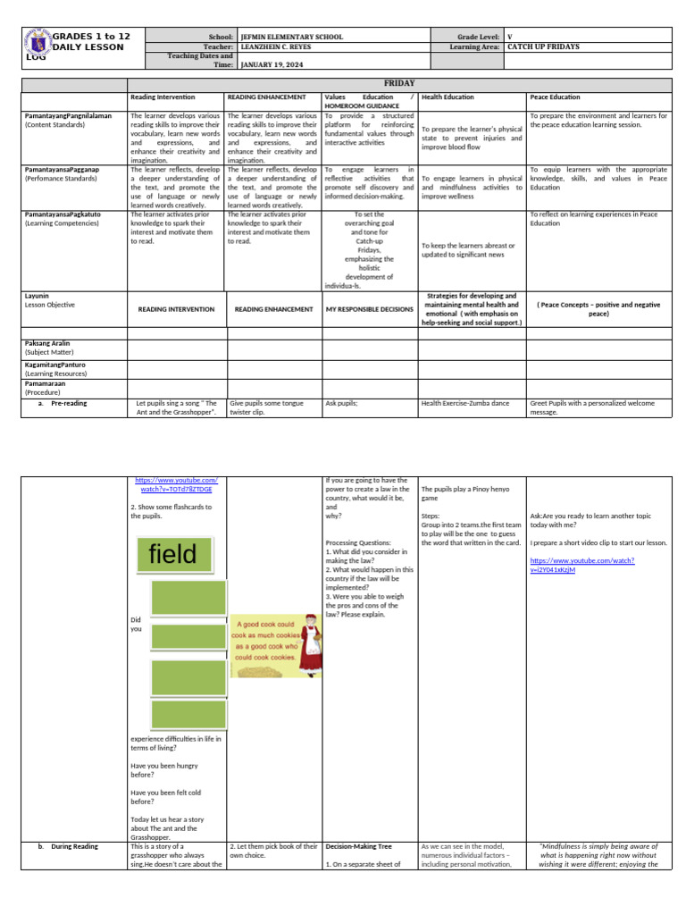 Grade 5 Daily Lesson Plan: Reading & Values | PDF | Learning ...