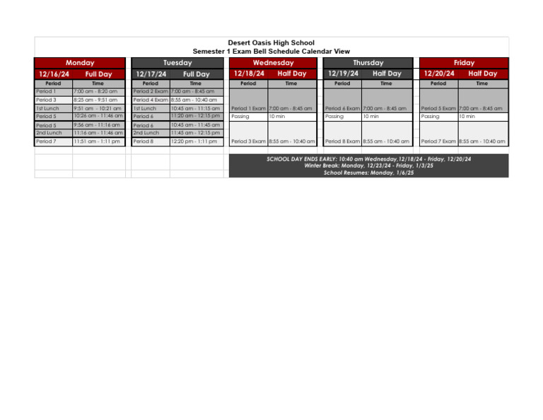 Semester 1 Exam Bell Schedule Calendar View | PDF