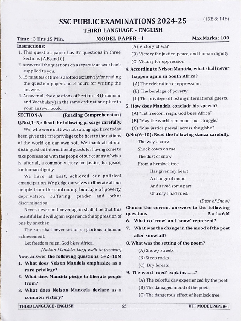 10th English UTF model papers vth key | PDF