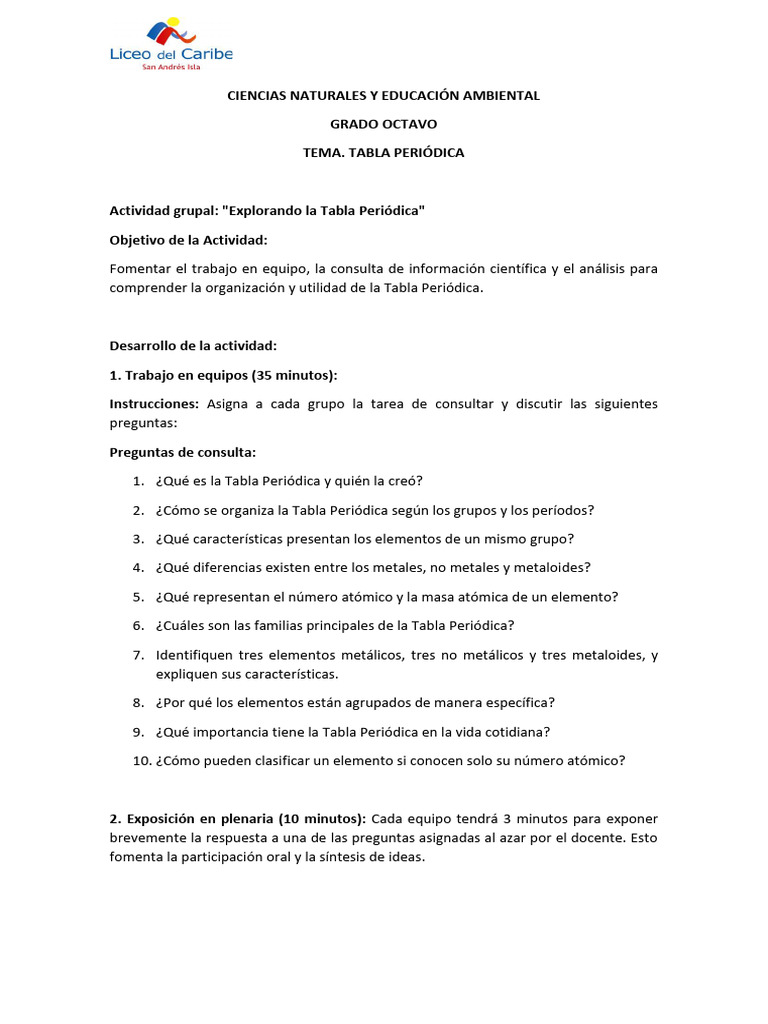 Actv_Clase_Grado 8_Tabla_Periodica | PDF