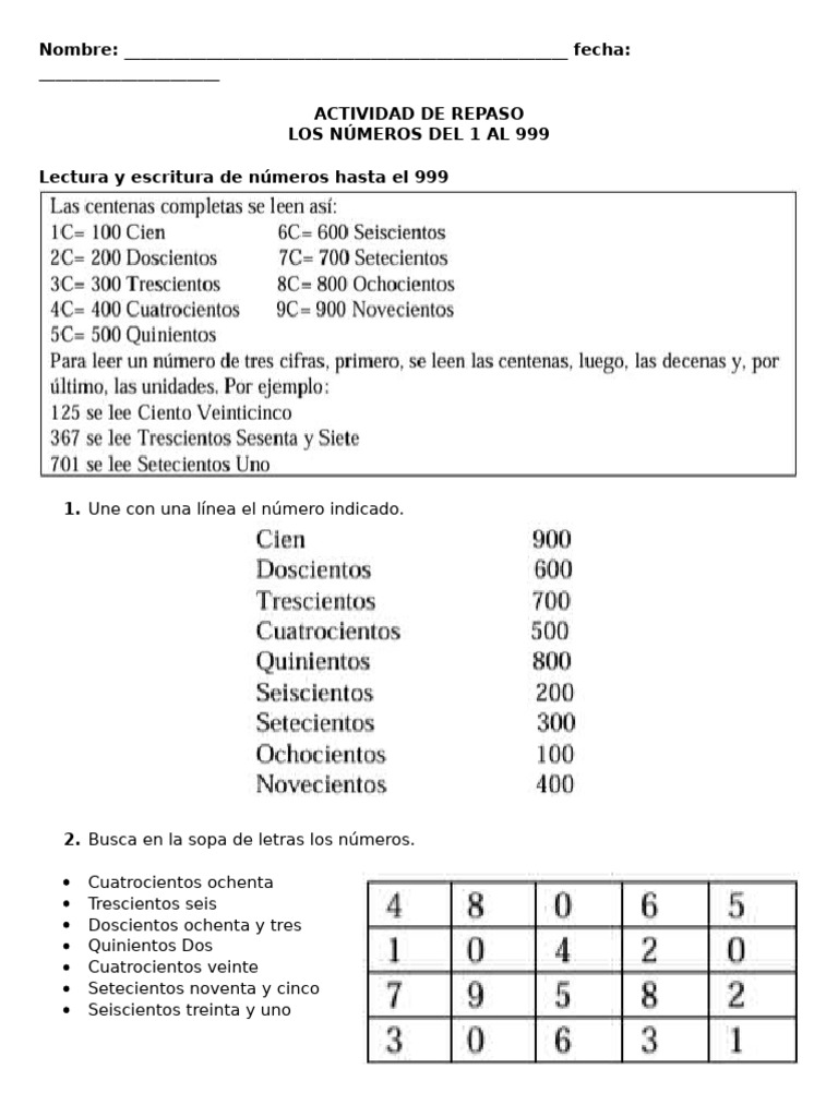 Actividades de Repaso: Números 1-999 | PDF