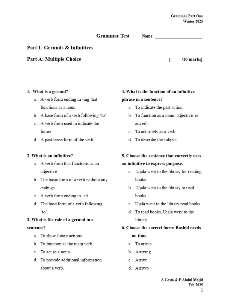 Final Assessment (Gerunds + Infinitives - Adverb Clauses) | PDF | Verb ...