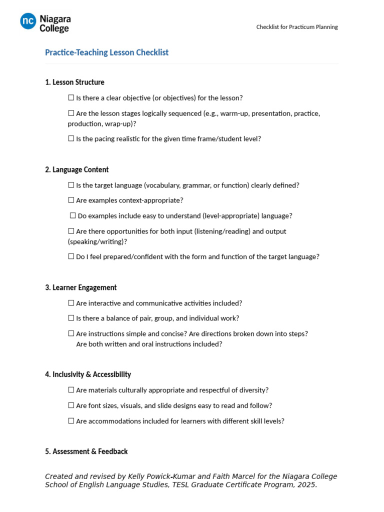 Practicum Planning Checklist for Teachers | PDF | Second Language | Applied Linguistics