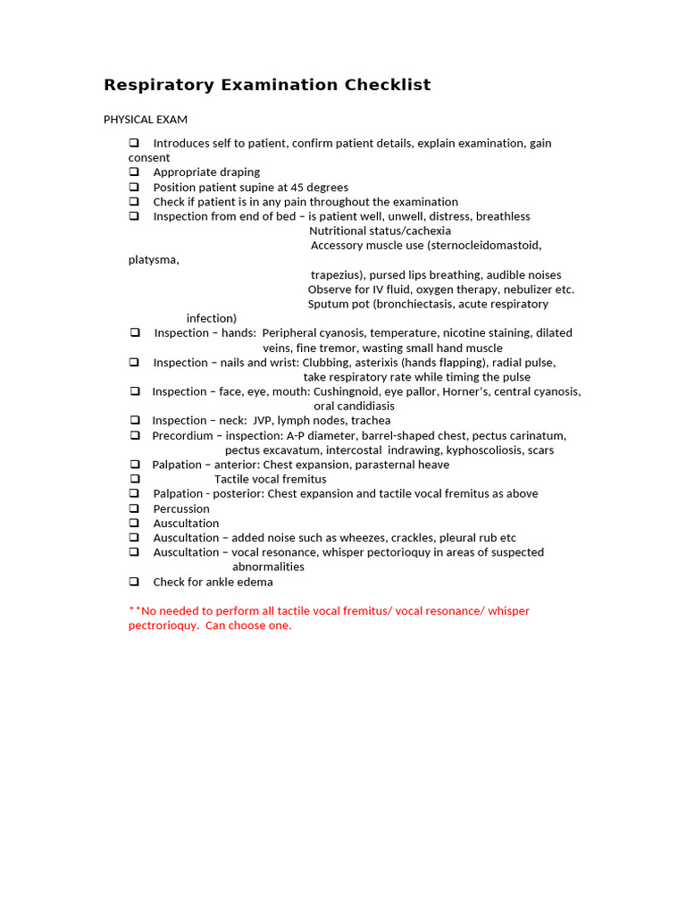 Respiratory Examination Checklist | PDF