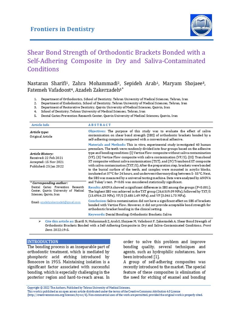 Shear Bond Strength of Orthodontic Brackets Bonded With A Self-Adhering ...