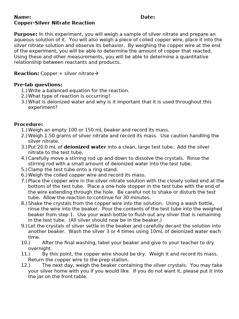 Copper-Silver Nitrate Reaction Lab | PDF | Copper | Silver