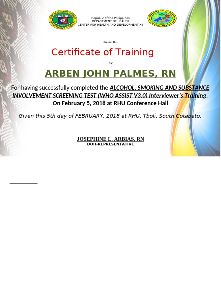 ASSIST Training Certificate | PDF