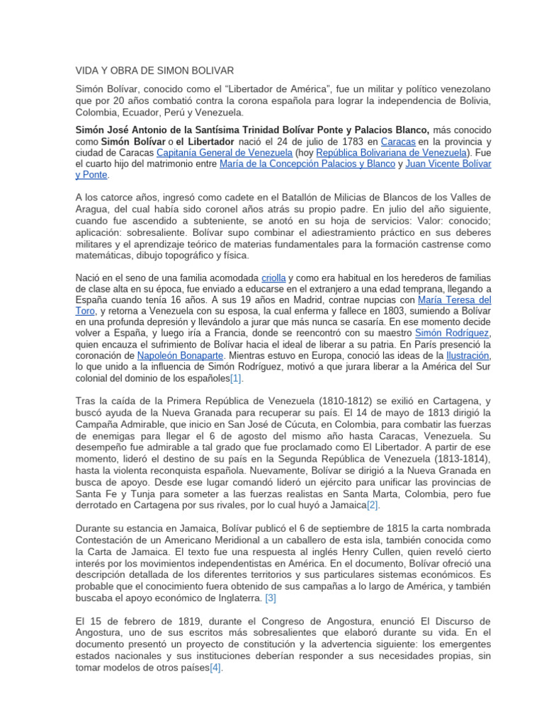 Vida y Obra de Simon Bolivar | PDF | Venezuela | América del Sur