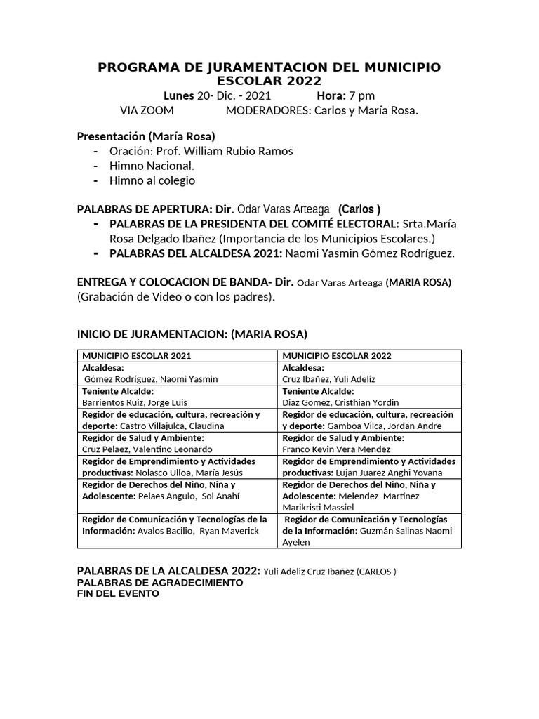 Juramentación Municipio Escolar 2022 | PDF