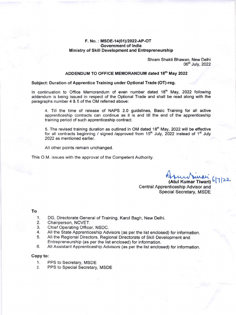 ADDENDUM TO OFFICE MEMORANDUM Dated+ 18th May 2022 | PDF