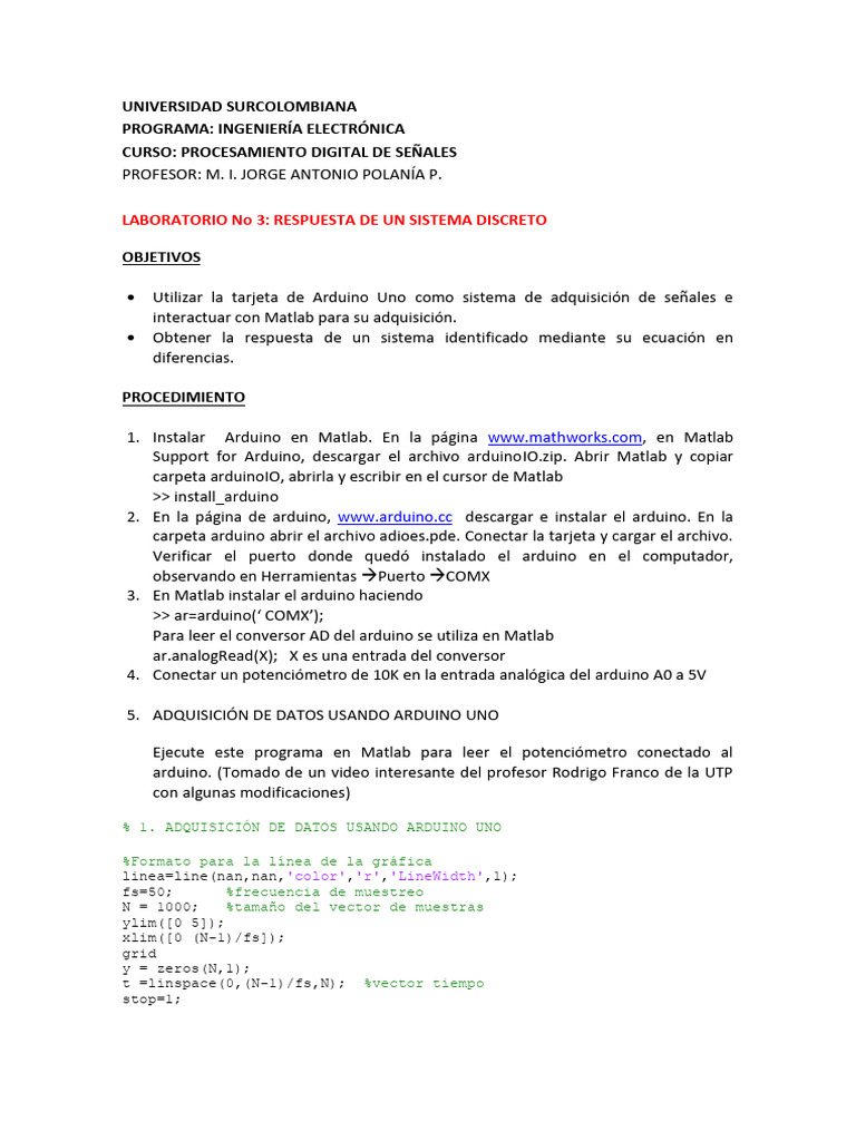 ADQ Arduino y Matlab | PDF | Adquisición de datos | Arduino