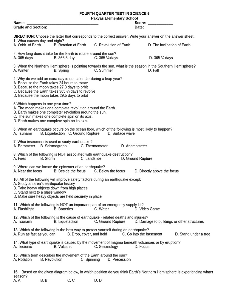 Fourth Quarter Test in Science 6 23-24 | PDF | Planets | Planets In ...