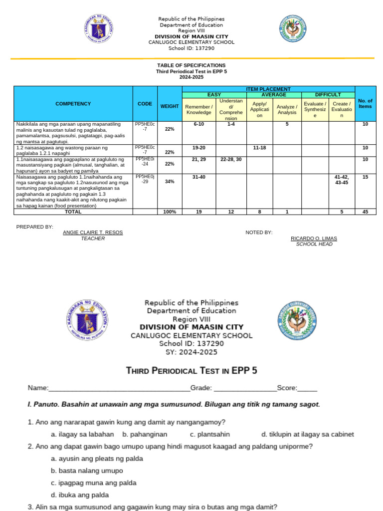 Table of Specifications Third Periodical Test in EPP 5 2024-2025 Item ...