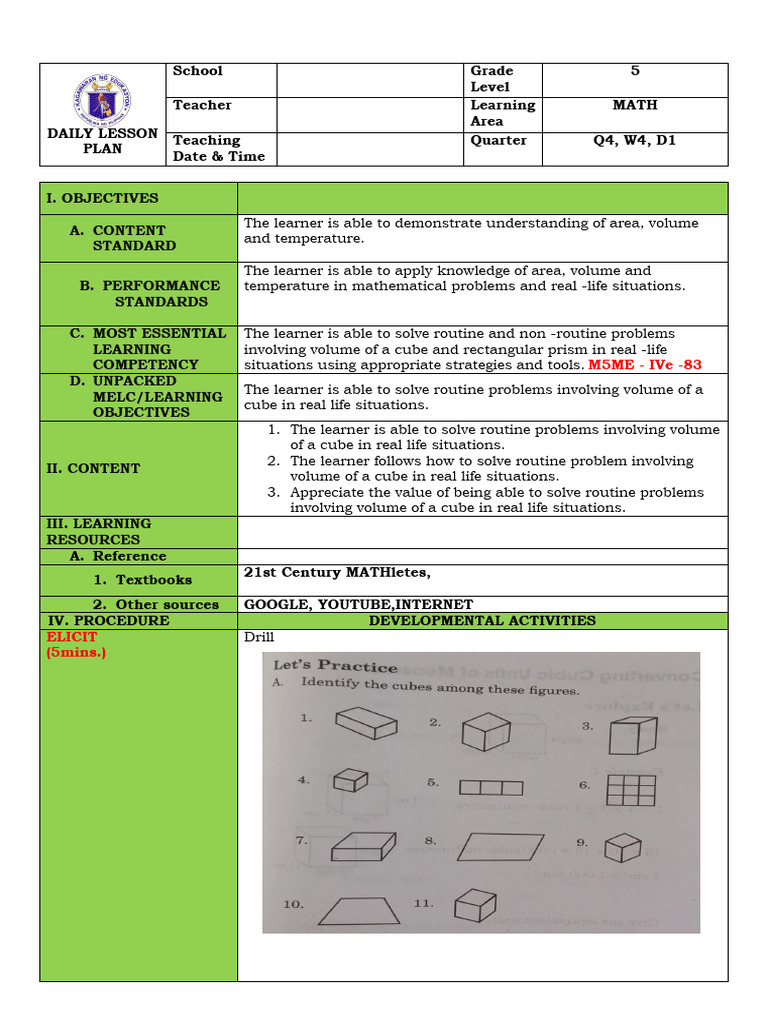 Q4 Math 5 DLP Week 4 D1 | PDF | Volume | Learning