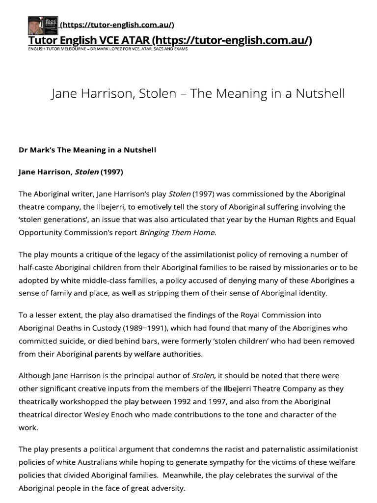 Stolen by Jane Harrison NOTES | PDF