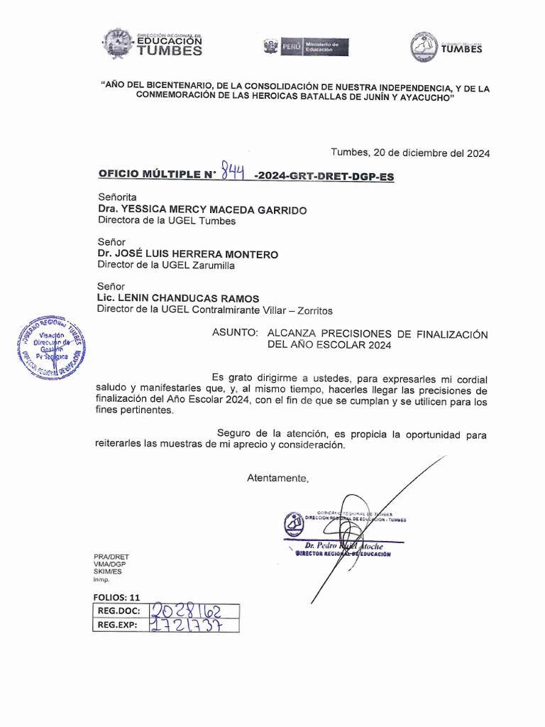 Oficio Múltiple #844-2024-Dgp-Es A Las Ugel Alcanza Precisiones de Finalización Del Año Escolar ...