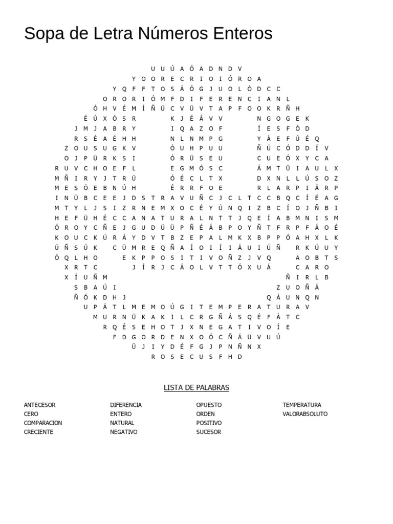 Sopa de Letra Numeros Enteros | PDF