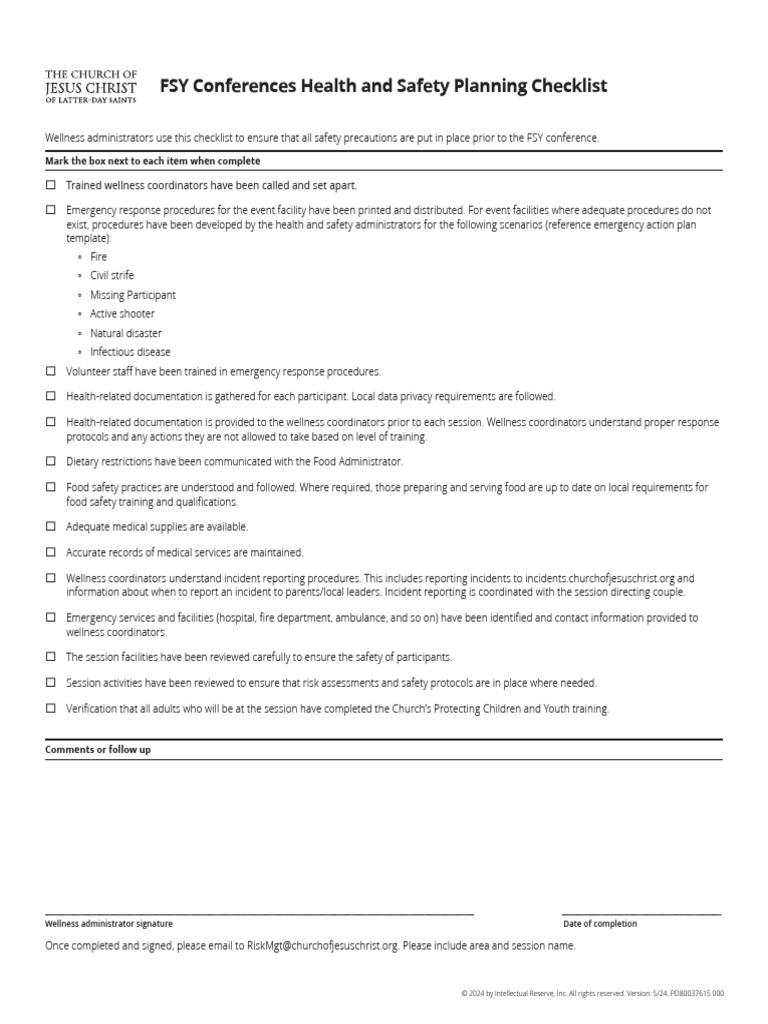 Fsy 2024 Conference Health and Safety Planning Checklist | PDF ...
