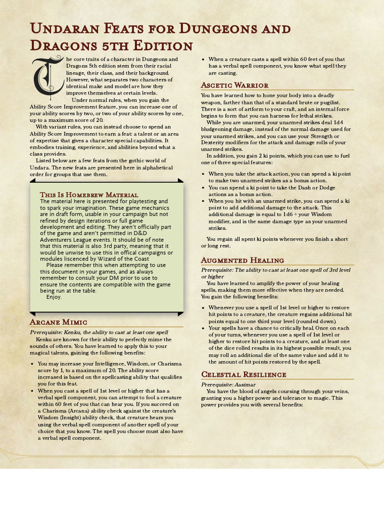 Undaran Feats For Dungeons and Dragons 5th Edition - The Homebrewery ...
