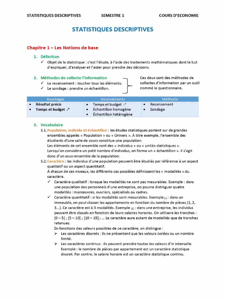 Cours Statistiques Descriptives S1 | PDF
