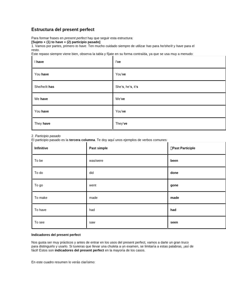 Estructura del Present Perfect en Inglés | PDF | Gramática | Mecánica ...