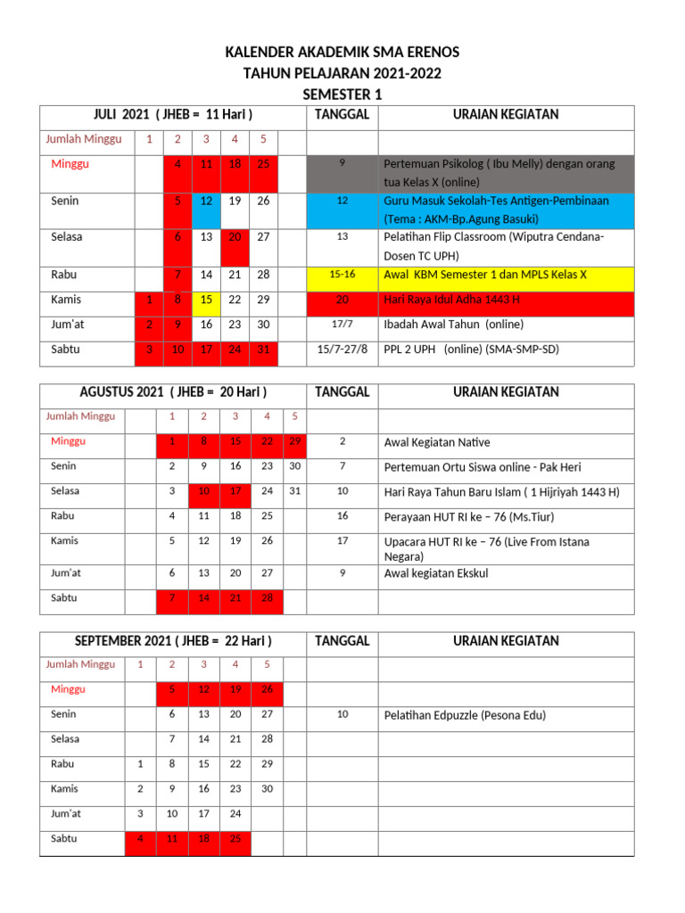 Kalender Akademik SMA Erenos 2021-2022 | PDF