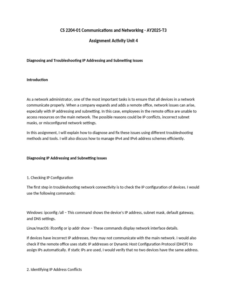 CS2204-01Communications and Networking Assignment 4 | PDF | Ip Address | I Pv6