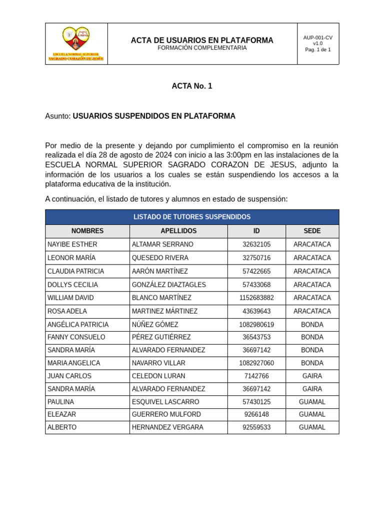 Aup-001-Cv - Acta 01 - Usuarios Suspendidos | PDF