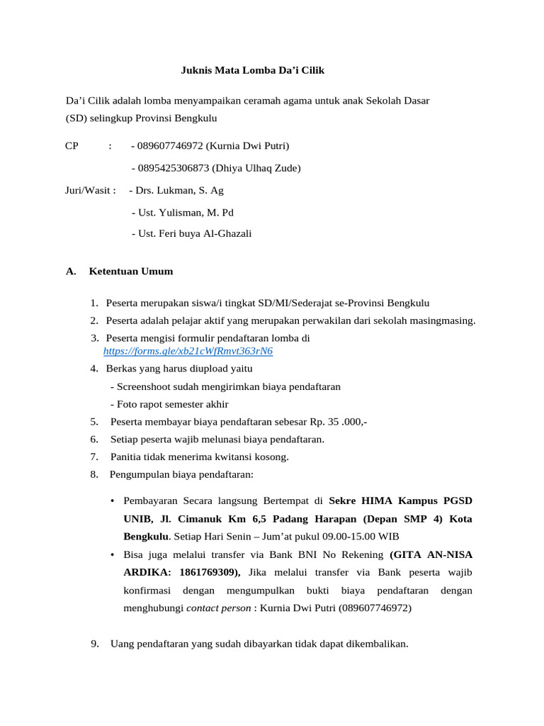 Juknis Lomba Da'i Cilik SD Bengkulu | PDF