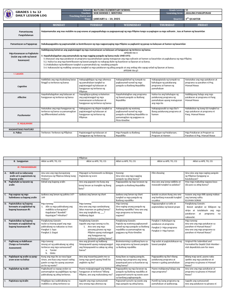 Dll Araling Panlipunan 6 q3 w5 | PDF