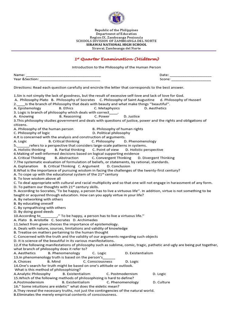 Philosophy of the Human Person Quiz | PDF | Truth | Critical Thinking