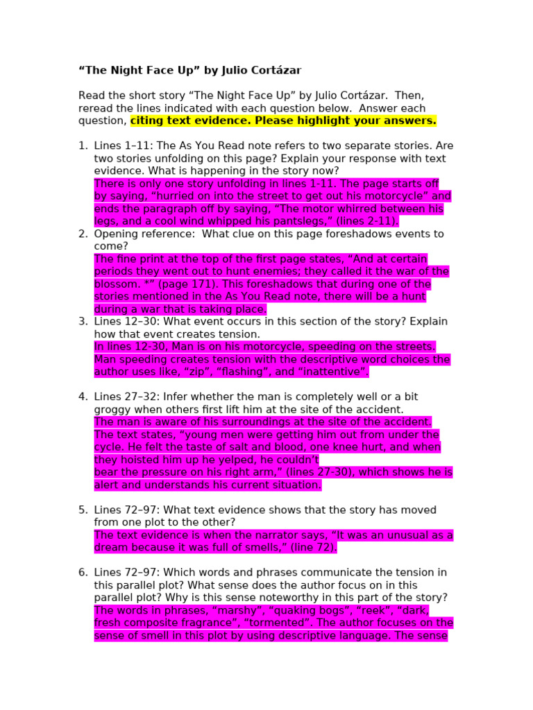 Mcalthe Night Face Up Questions | PDF