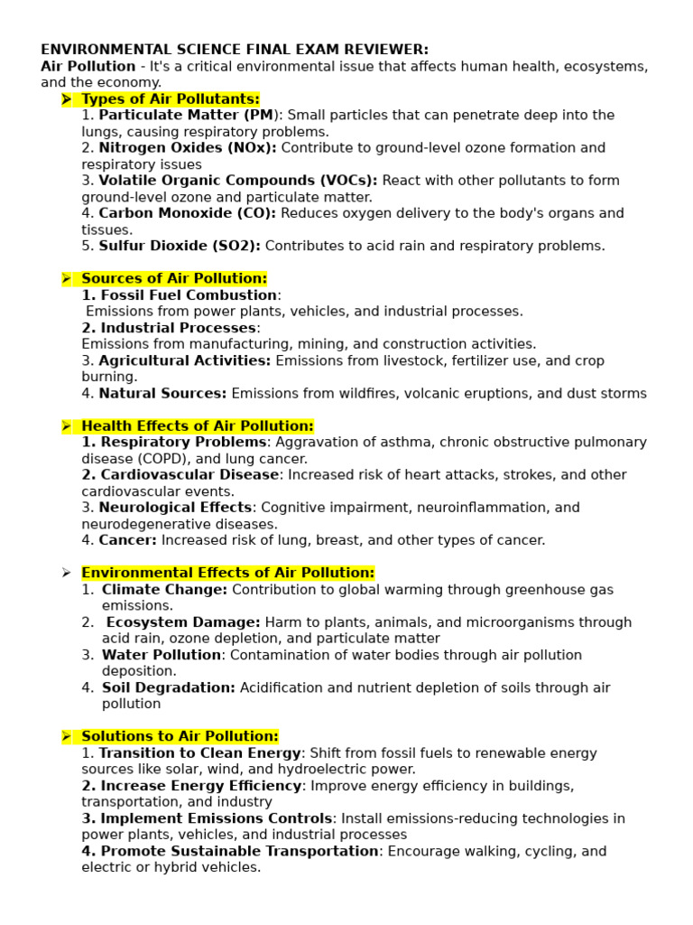 Environmental Science Final Exam Reviewer | PDF | Waste | Air Pollution