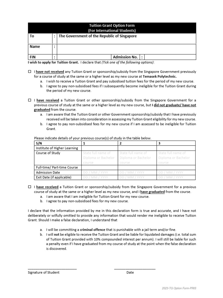 Tuition Grant Option Form SPR Is | PDF | Tuition Payments | Diploma