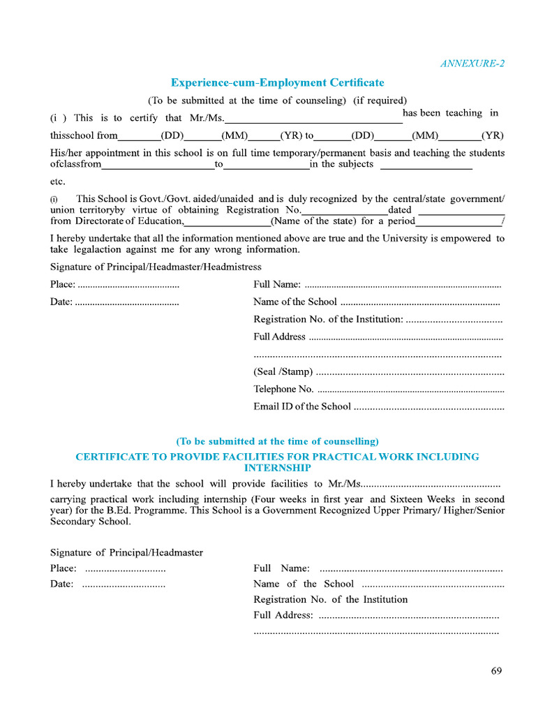 Ignou Bed Experience Certificate | PDF