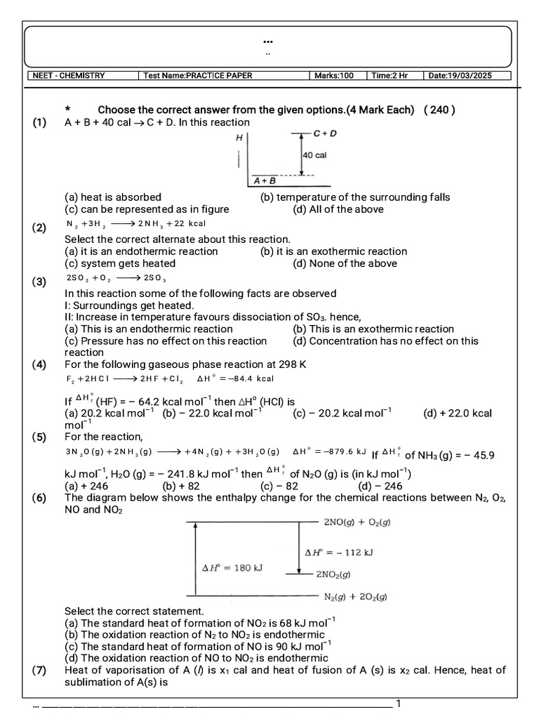 CHEMISTRY Weak (Thermo+redox) - 1 | PDF | Redox | Chemical Compounds