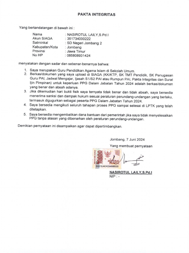 Pakta Integritas PPG Daljab | PDF