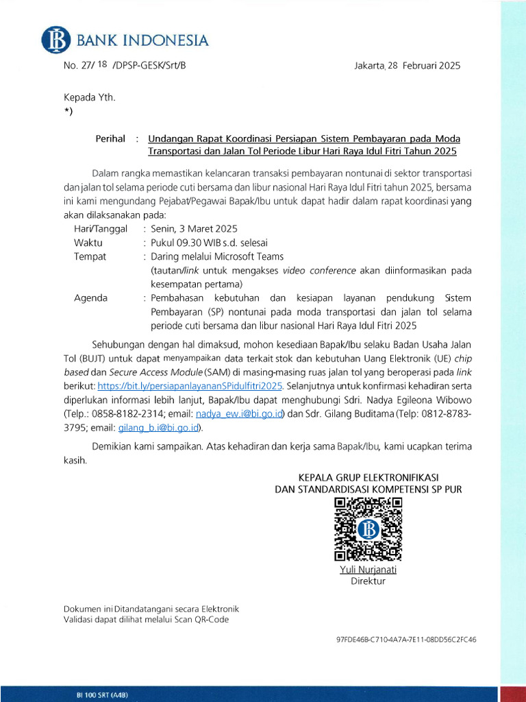 Bank Indonesia - Und Rakor Persiapan SP Transportasi Dan Jalan Tol D.R. Hari Raya Idul Fitri ...