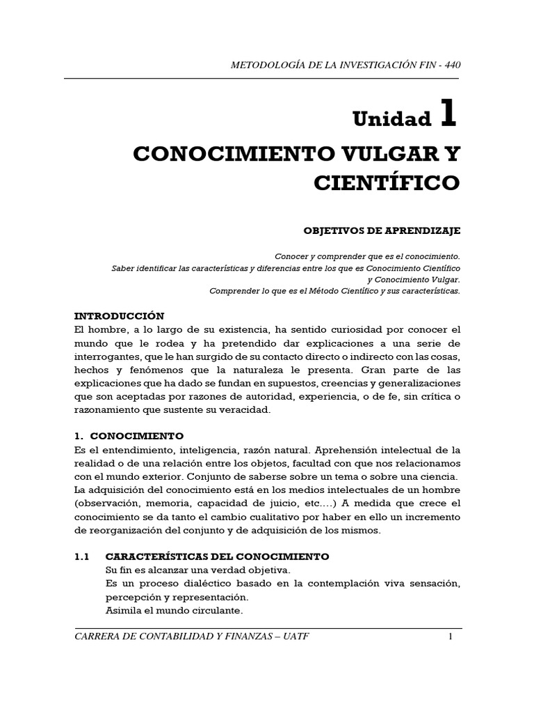 Unidad #1 - Conocimiento Vulgar y El Cientifico | PDF | Conocimiento | Método científico
